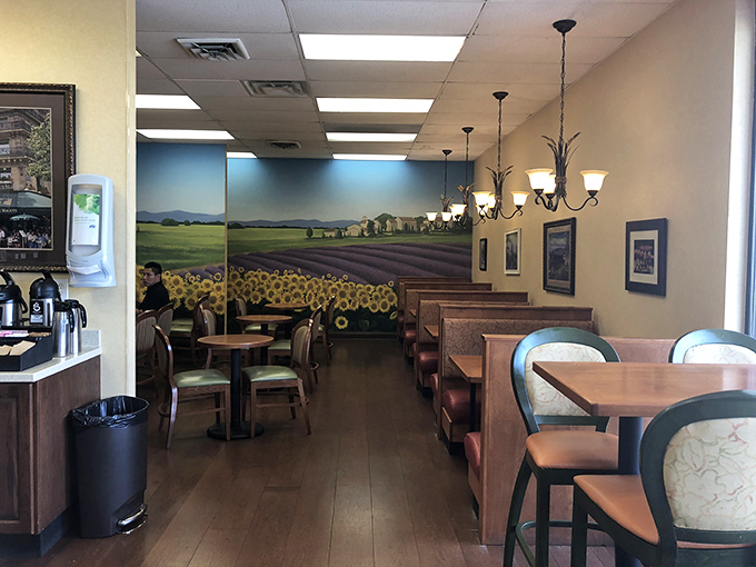 The dining area's pastoral mural makes every bite feel like a countryside picnic, minus the ants and unpredictable weather.