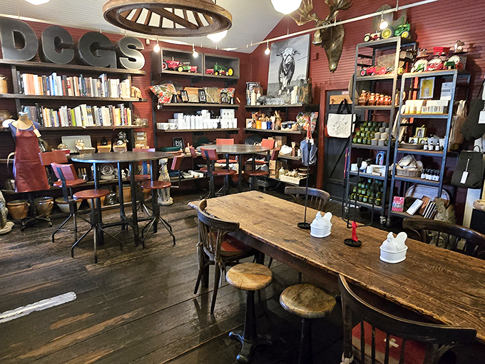 Wooden tables worn smooth by decades of elbows tell stories of countless meals shared. The bookshelves remind you to slow down and stay awhile.