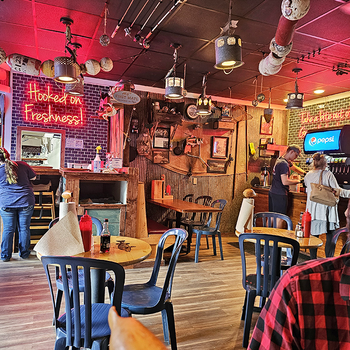 "Hooked on Freshness" isn't just a neon sign&mdash;it's the Scalawags philosophy. Maritime charm meets practical dining in perfect harmony.