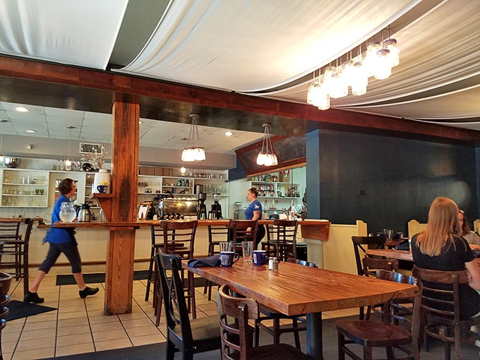 Wooden beams, soft lighting, and tables that invite lingering conversations &ndash; the dining room feels like the coolest friend's kitchen you wish you had.