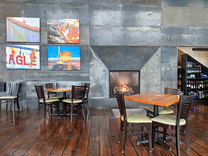 The slate fireplace wall isn't just architectural eye candy&mdash;it's the perfect backdrop for winter storm watching with a warm belly. 
