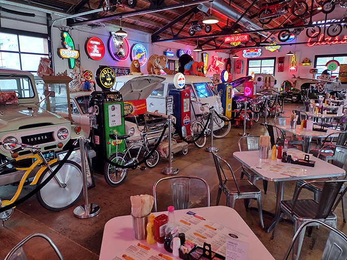 Dining among vintage gas pumps and neon signs &ndash; where American nostalgia comes with table service and bottomless coffee.