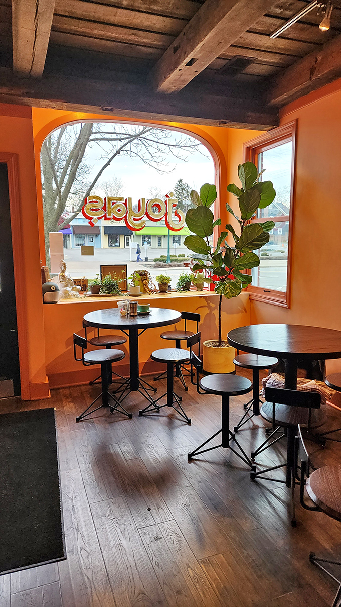 Warm orange walls and fiddle leaf figs create a sunny corner where even Monday mornings feel more manageable.