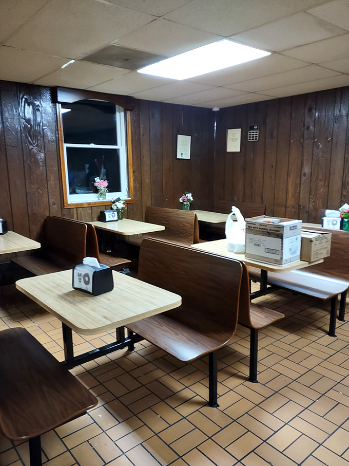 Empty tables waiting for the next wave of donut philosophers. Some of America's greatest conversations happen in places exactly like this.