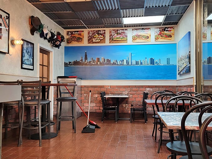 The Chicago skyline mural watches over diners like a distant relative, reminding everyone where these recipes first found fame.