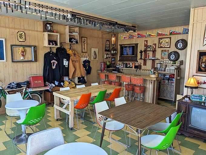 Retro meets modern in this playful dining space. The colorful chairs aren't just seating&mdash;they're an invitation to linger in a space where nostalgia and great food share the same table.