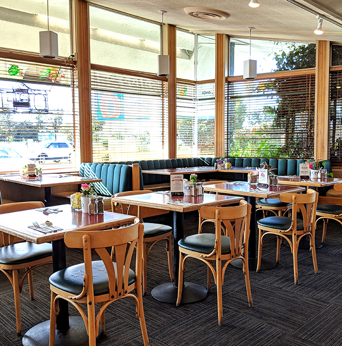 Sun-drenched dining with teal booths that say "stay awhile." The kind of place where breakfast easily turns into brunch.