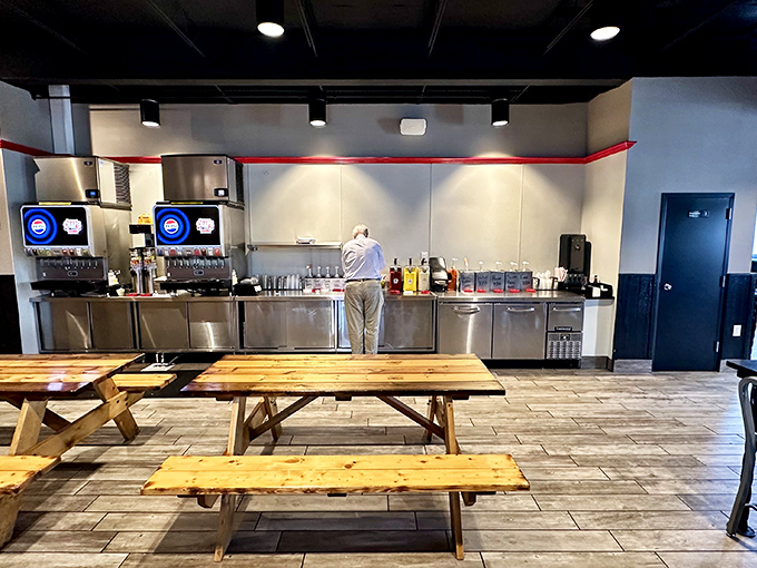 The beverage station stands ready for service, like a pit crew waiting for NASCAR drivers in need of hydration between meat heats.