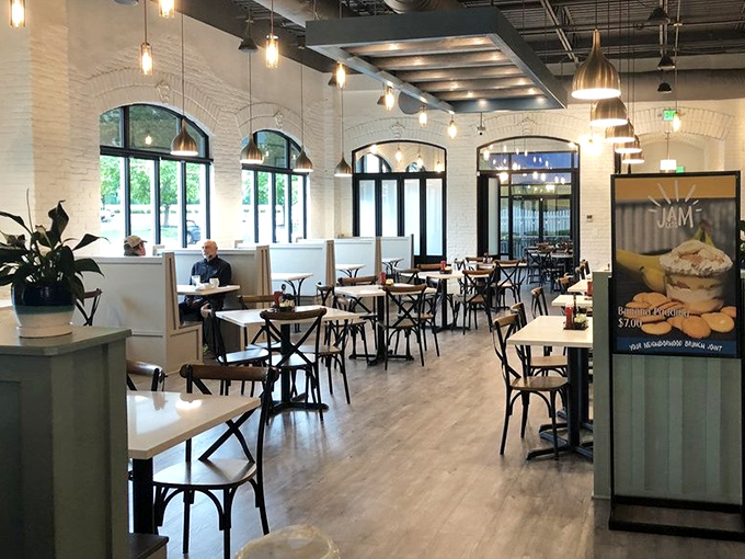 The dining room feels like the breakfast equivalent of a modern art gallery&mdash;sleek, bright, and ready for Instagram.