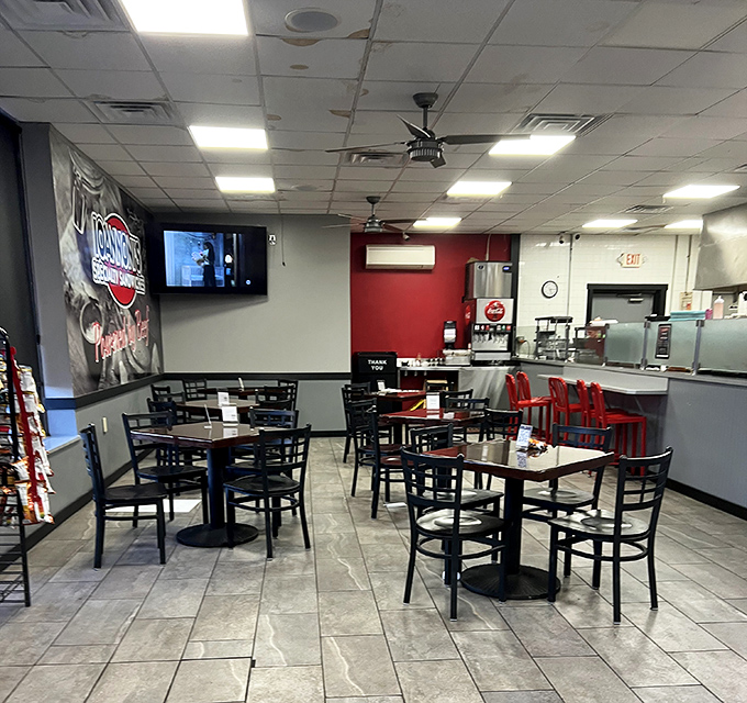 The dining area: simple, functional, and focused on what matters. No distractions from the serious business of sandwich appreciation.