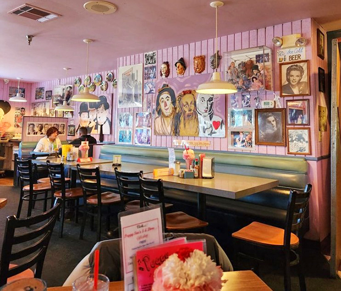 The turquoise booths and memorabilia-covered walls create the perfect backdrop for conversations that flow as easily as the coffee refills.