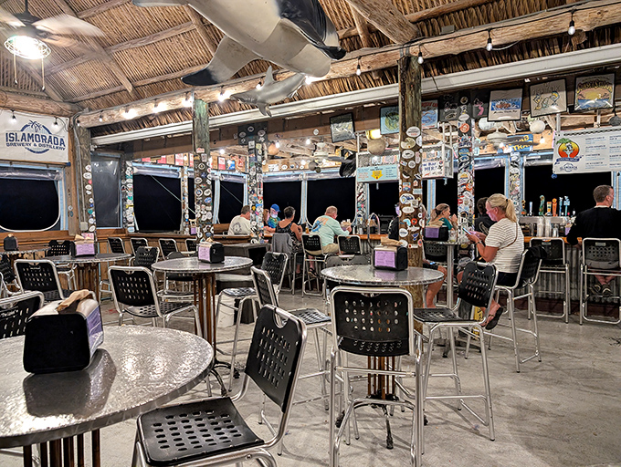 Dining room where tiki vibes meet serious seafood, creating the perfect Keys atmosphere.