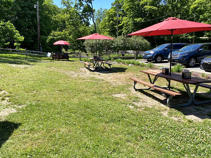 Red umbrellas dot the landscape like cherry tops on sundaes, providing shade for travelers making their pilgrimage to this wooden temple of treats.