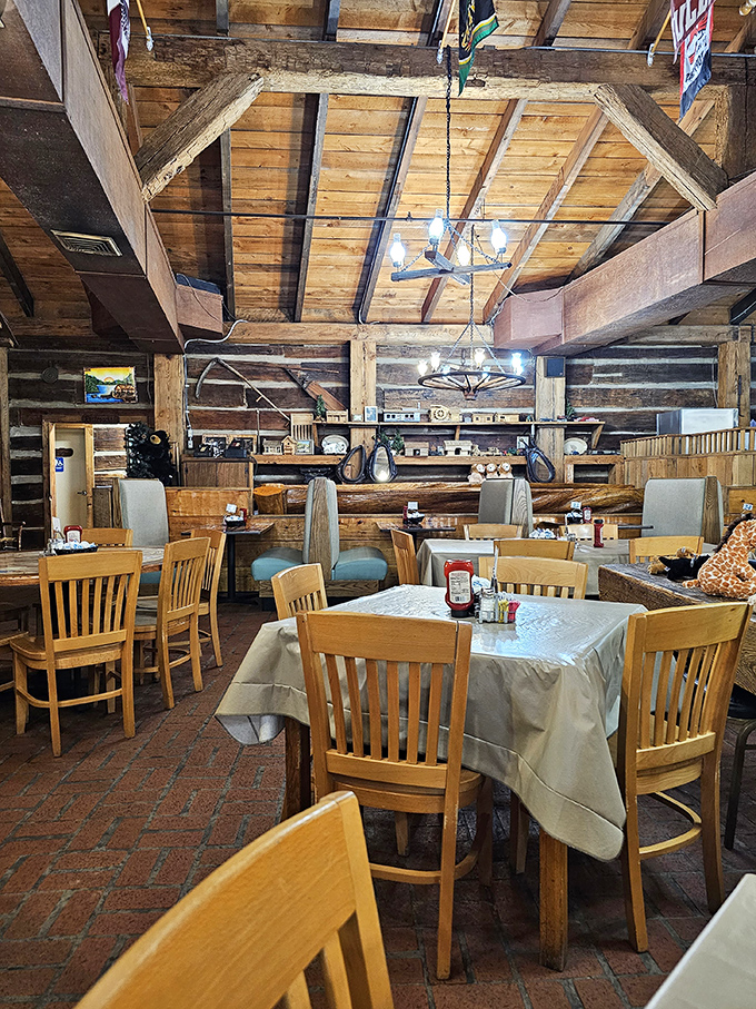 High ceilings, exposed beams, and tables set for feasting. Like dining in your mountain-dwelling uncle's living room—if he were an exceptional cook.