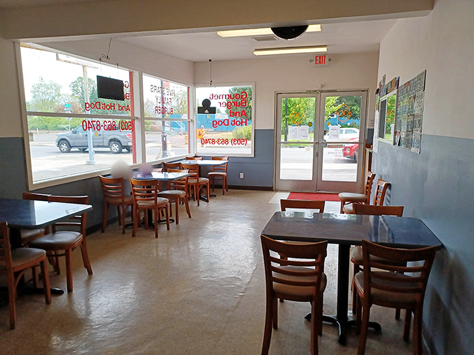 The dining area is simple and straightforward &ndash; a reminder that you're here for the food, not the ambiance, though the large windows offer plenty of natural light.