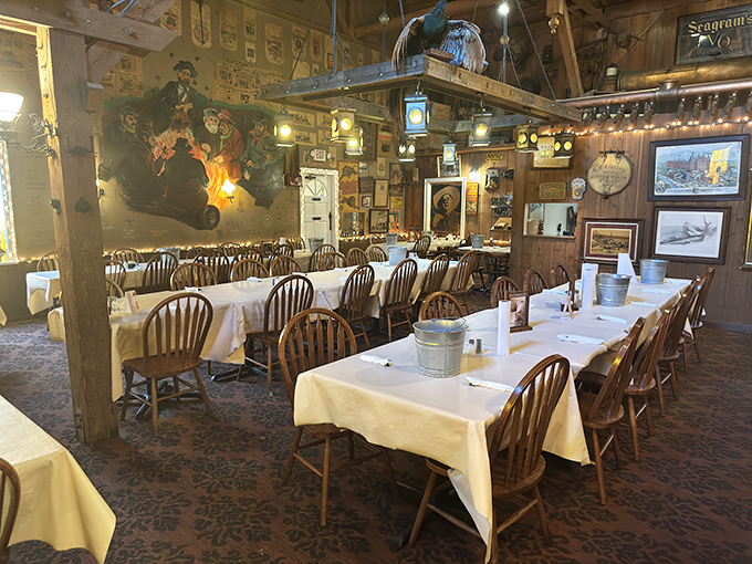 White tablecloths meet rustic charm in this dining room where serious eating happens. The walls practically whisper tales of legendary meals past.