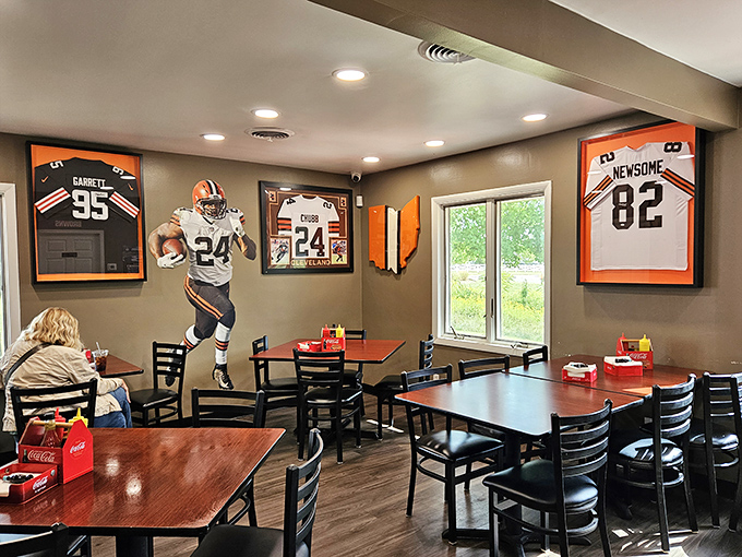 Browns jerseys watch over diners like protective spirits. This dining room feels more like a friend's basement than a restaurant &ndash; in the best way.