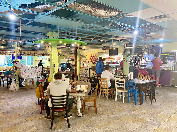 The dining area feels like your most interesting friend's living room&mdash;if that friend collected bicycles, chickens, and had an excellent eye for color.