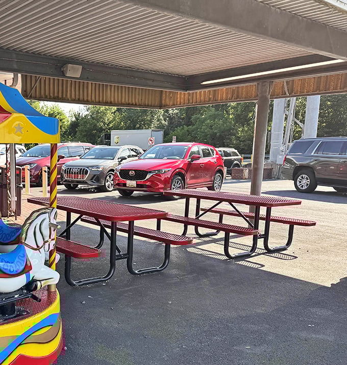 These red picnic tables have hosted more family memories than most living rooms, with the added bonus of no dishes to wash.
