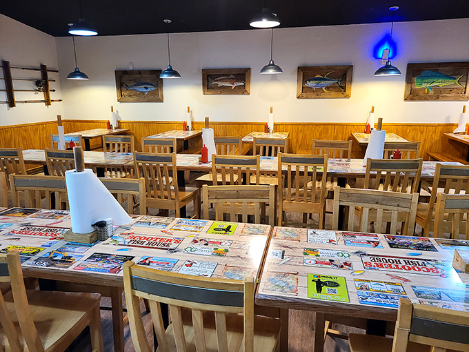Simple wooden tables and chairs that say, "We spent our money on the seafood, not the furniture." Fish artwork watches over diners like aquatic guardian angels.