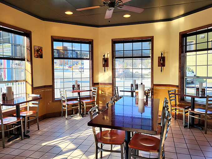 Sunshine streams through windows in the dining area, as if even the light wants to get a better look at what's on your plate.