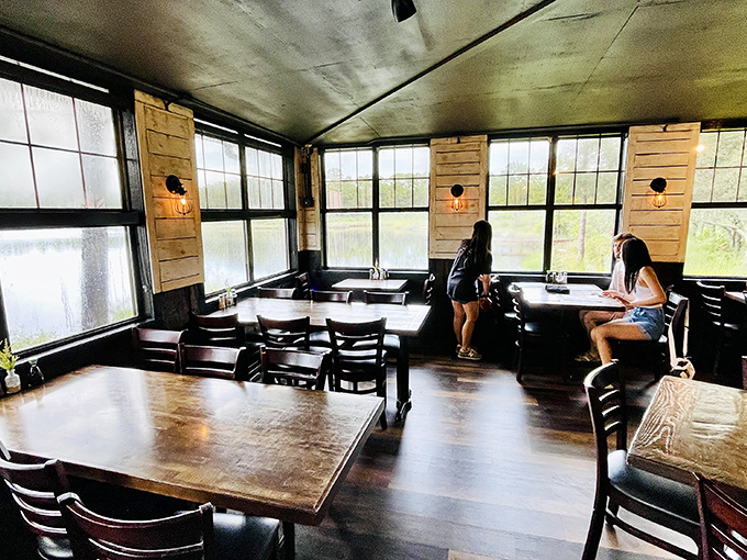 Where the views are as satisfying as the menu. The dining area's wall of windows frames Eastern Lake, connecting diners to the source of their seafood feast.