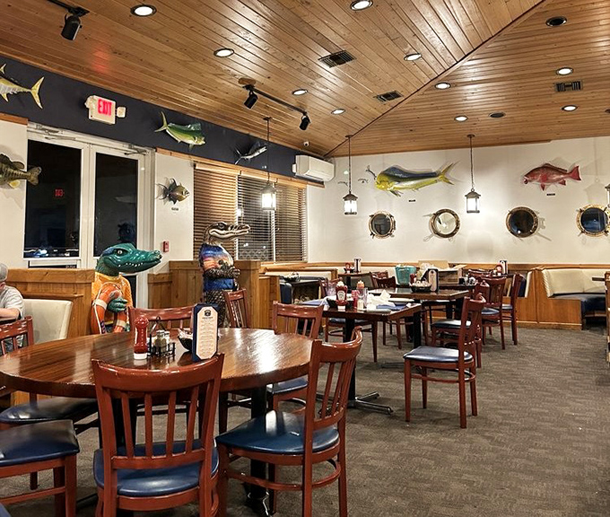 Wooden ceilings, mounted fish, and nautical lighting create the perfect backdrop for seafood consumption&mdash;like dining in a boat captain's trophy room.
