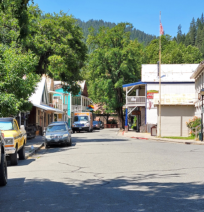 Downtown Downieville basks in summer sunshine, where parked cars outnumber pedestrians and mountains stand guard over every transaction.