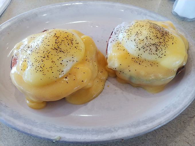 Eggs Benedict that doesn't need a fancy brunch setting to shine—just hollandaise perfection on a humble diner plate.