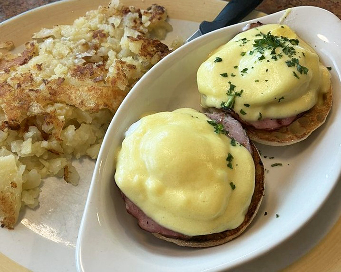 Eggs Benedict executed with textbook precision&mdash;hollandaise sauce cascading over Canadian bacon like a yellow waterfall of breakfast bliss.