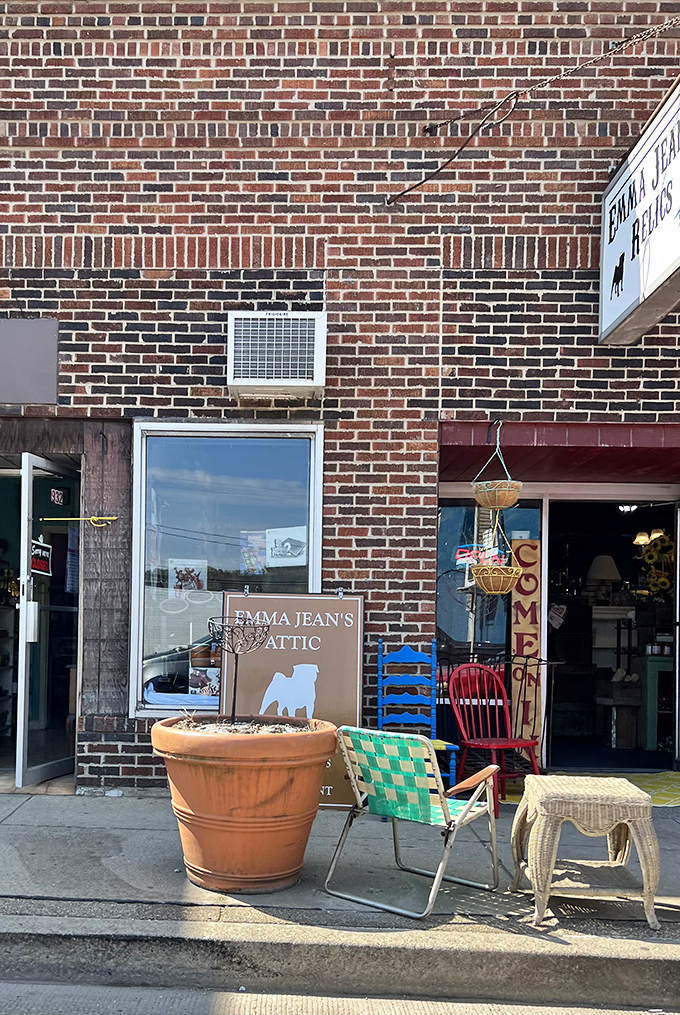 Emma Jean's Relics displays its personality right on the sidewalk, where vintage chairs beckon you to sit a spell before browsing.