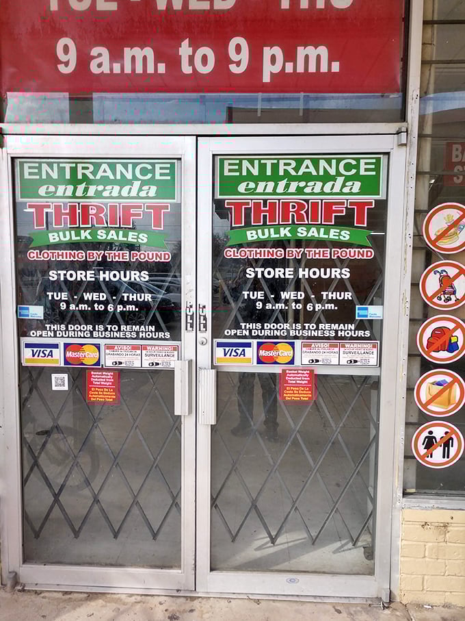 The entrance doors reveal the store's schedule and rules, the gateway to this wonderland of secondhand possibilities.