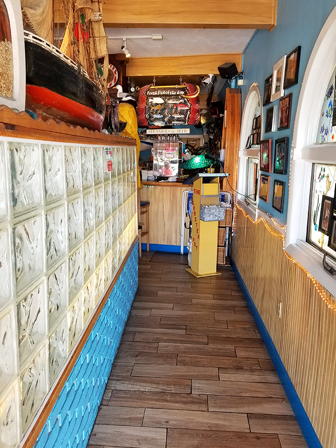 Walking down this nautical hallway feels like boarding a ship bound for Flavor Town, with maritime treasures guiding your journey.