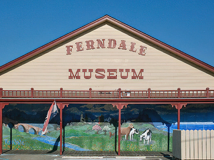 The Ferndale Museum's colorful mural offers a painted preview of the town's agricultural heritage waiting inside.
