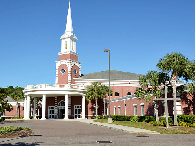 This isn't your average church architecture&mdash;it's a red-brick statement piece with a steeple that could double as a lighthouse for lost souls.