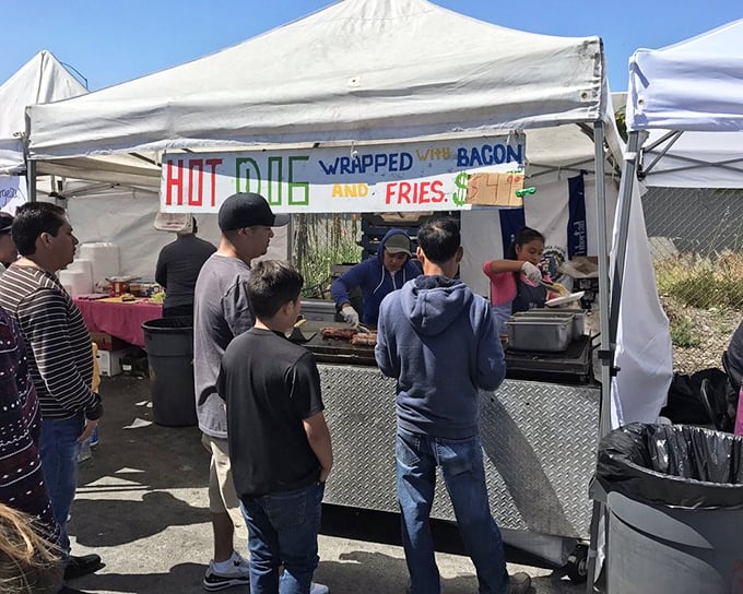 Nothing says "authentic experience" like bacon-wrapped hot dogs with fries &ndash; the unofficial fuel of flea market champions.