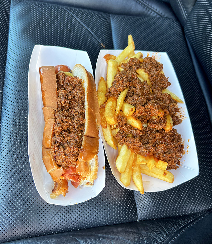 Fredgie's Original alongside loaded fries: this is what food truck dreams are made of, folks.