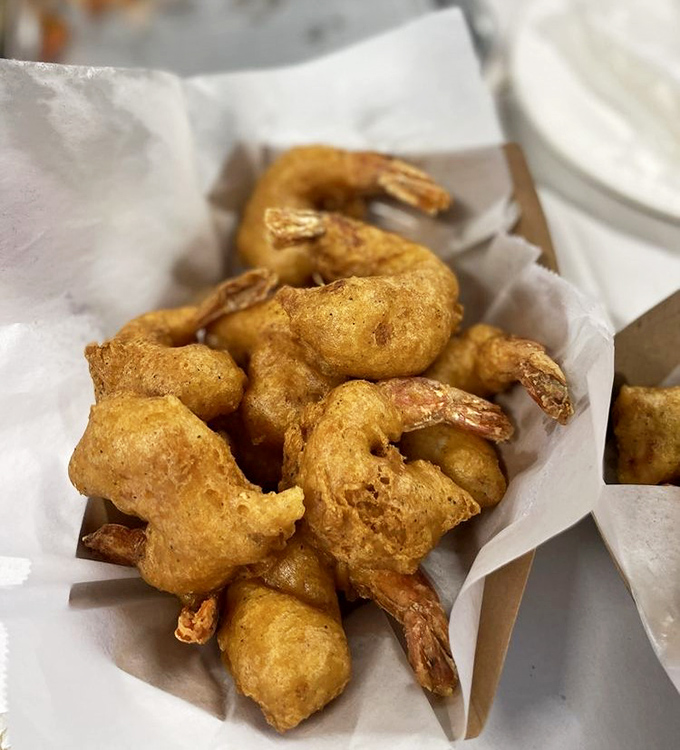 Fried shrimp so perfectly golden, they deserve their own California sunset. Simple paper wrapping lets the star shine.