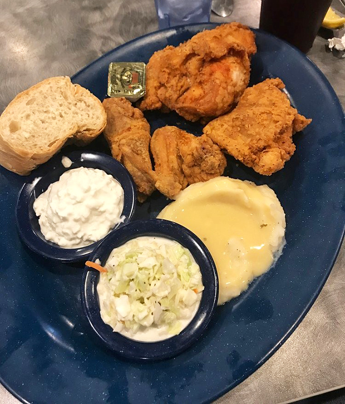 Fried chicken with that perfect golden crust&mdash;crispy on the outside, juicy on the inside&mdash;served with sides that would make any Southern grandmother nod in approval. 