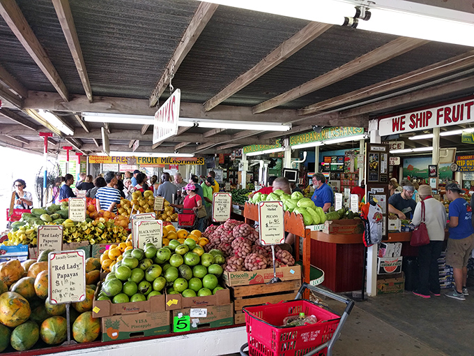 A rainbow of tropical treasures arranged like edible artwork, tempting every passerby to stop.