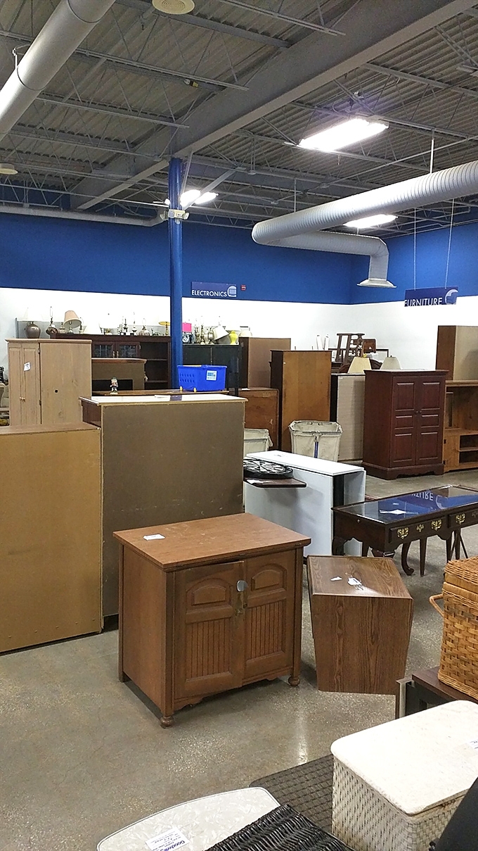 Furniture forest: where retired cabinets, tables, and storage solutions gather to dream of new homes and second chances at domestic glory.