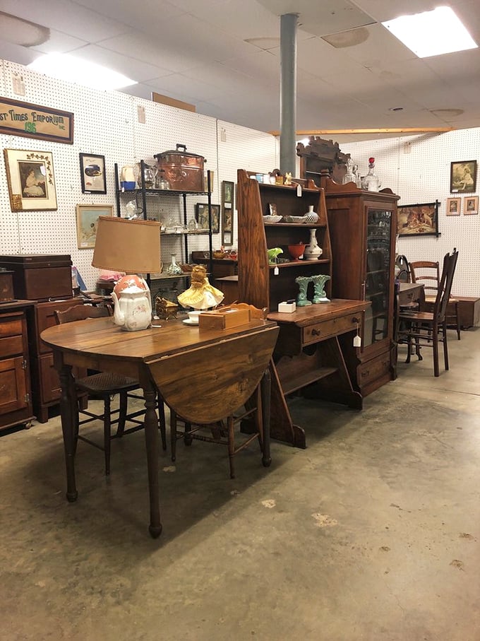 "Past Times Emporium" offers drop-leaf tables and wooden chairs that have already survived decades of family dinners and holiday gatherings.