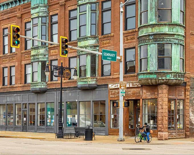 That patina on the copper-green architectural details isn't just age&mdash;it's character, something Galesburg's downtown has in abundance at the corner of Seminary Street.
