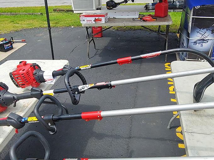 Garden warriors lined up for duty! These string trimmers stand ready to tame unruly lawns across North Carolina.