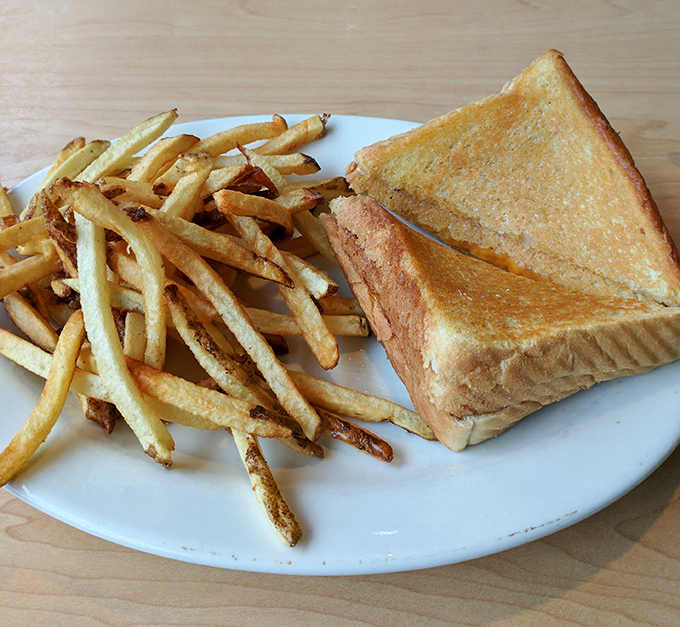 The humble grilled cheese sandwich, elevated to art form through the perfect balance of butter-crisped bread and melty cheese. Those fries aren't sidekicks&mdash;they're co-stars.
