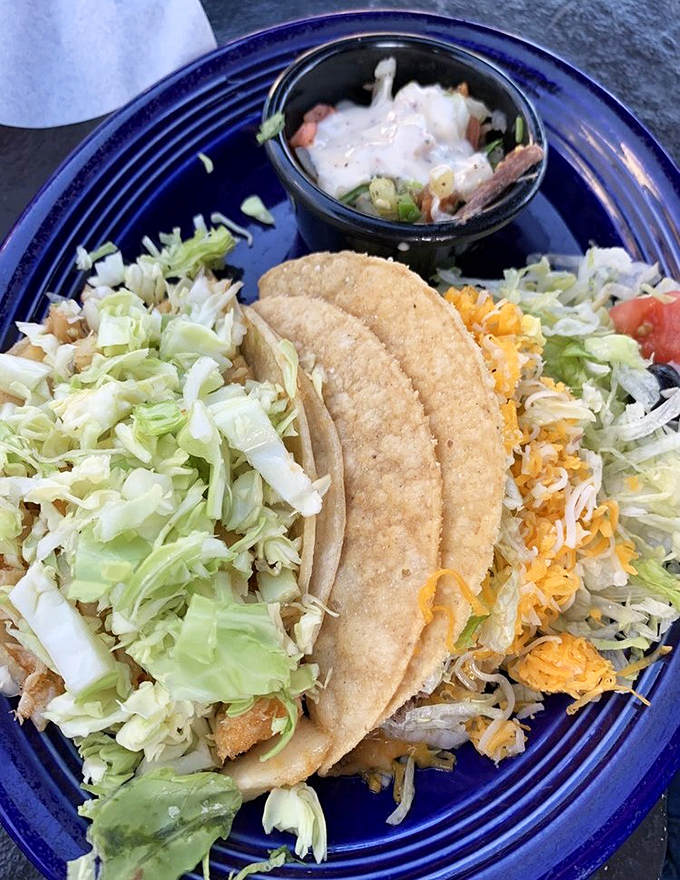 These tacos aren't just served&mdash;they're presented with pride, nestled on that cobalt blue plate like the culinary royalty they are.