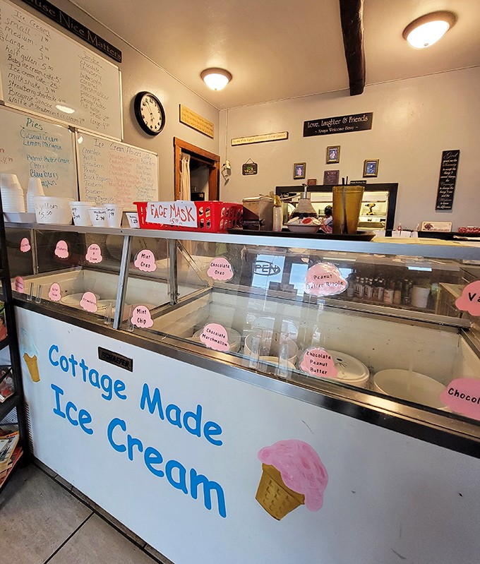 Behind this glass lies frozen happiness. "Cottage Made Ice Cream" isn't just a sign&mdash;it's a promise of sweet, creamy perfection.