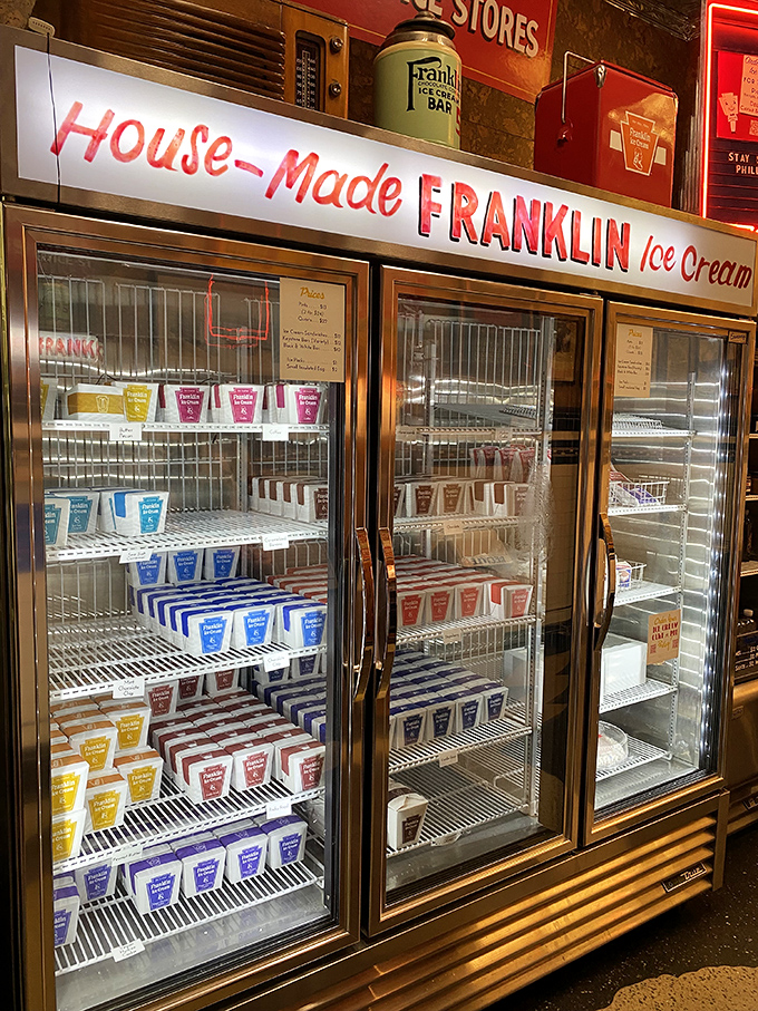 The freezer case isn't just storage&mdash;it's a gallery exhibition. Each colorful pint represents hours of churning, tasting, and perfecting.