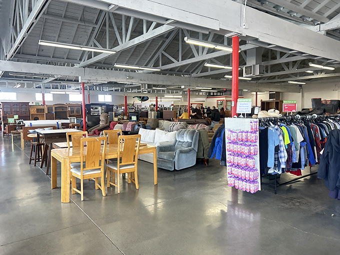 Industrial chic meets bargain basement dreams under those exposed beams that make everything look important.