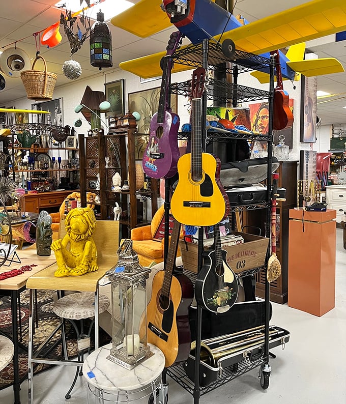 These guitars aren't just instruments&mdash;they're stories waiting to be continued, hanging alongside a sunshine-yellow lion who's seen better days.